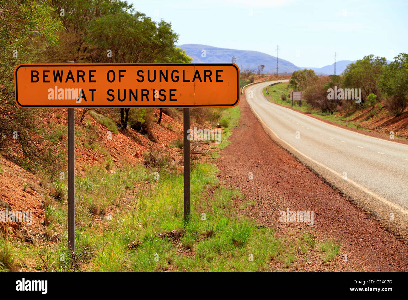 Beware of Sunglare road warning sign, Pilbara, Northwest Australia ...