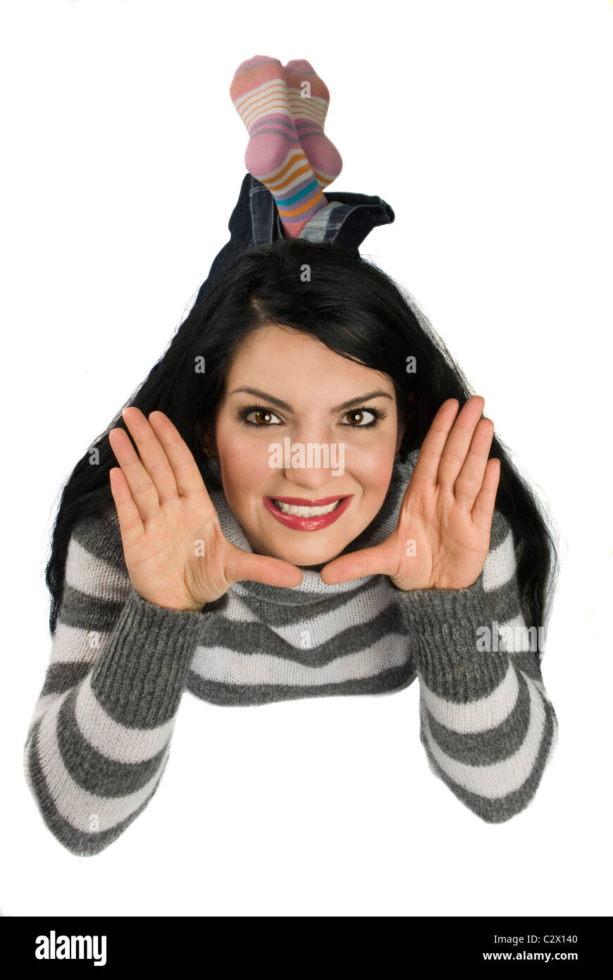 Woman framing face hands smiling Cut Out Stock Images & Pictures - Alamy