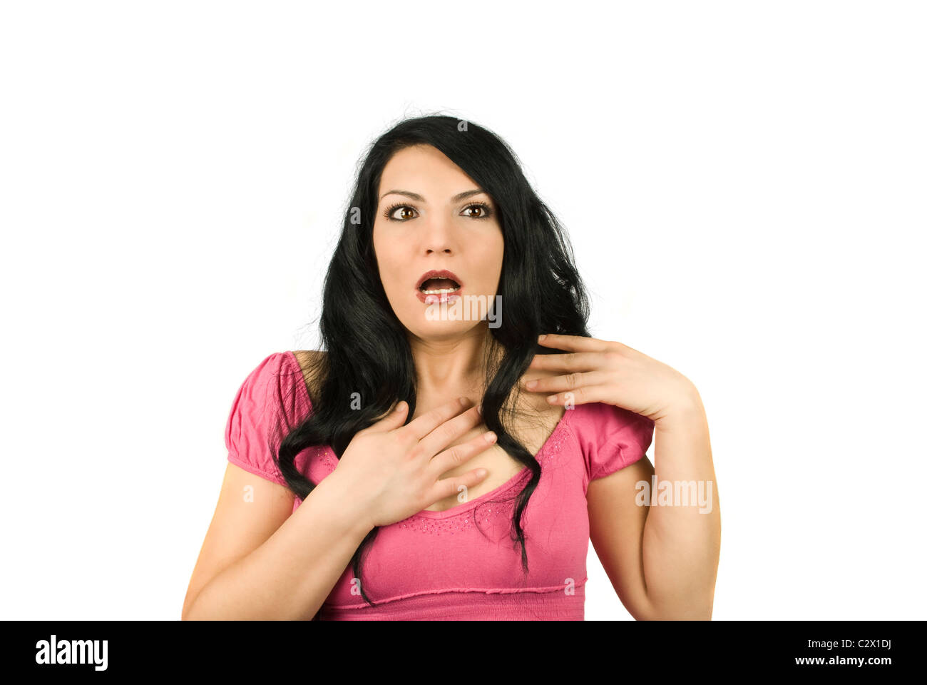 Portrait of beauty woman with face of fear expressing afraid isolated ...