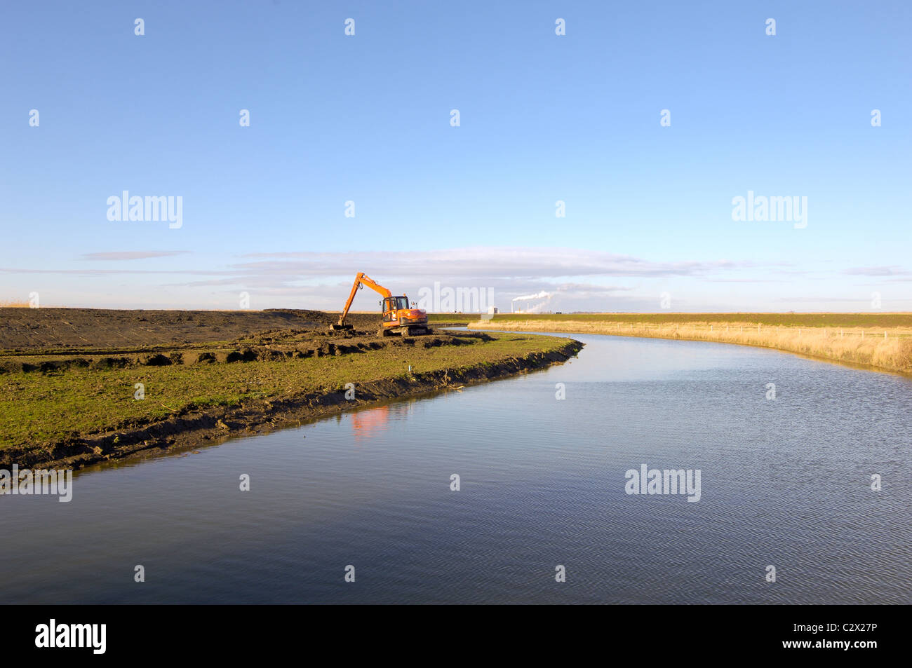 Mechanical Digger dredging canal banks in East Anglia, with Power ...