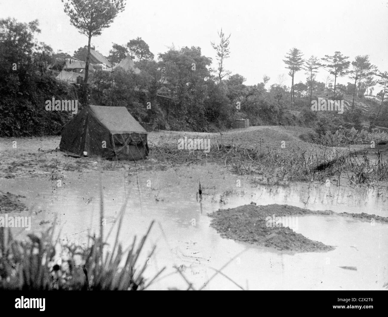 Rain storm in swamp in a photograph made on Okinawa in circa 1945 after ...