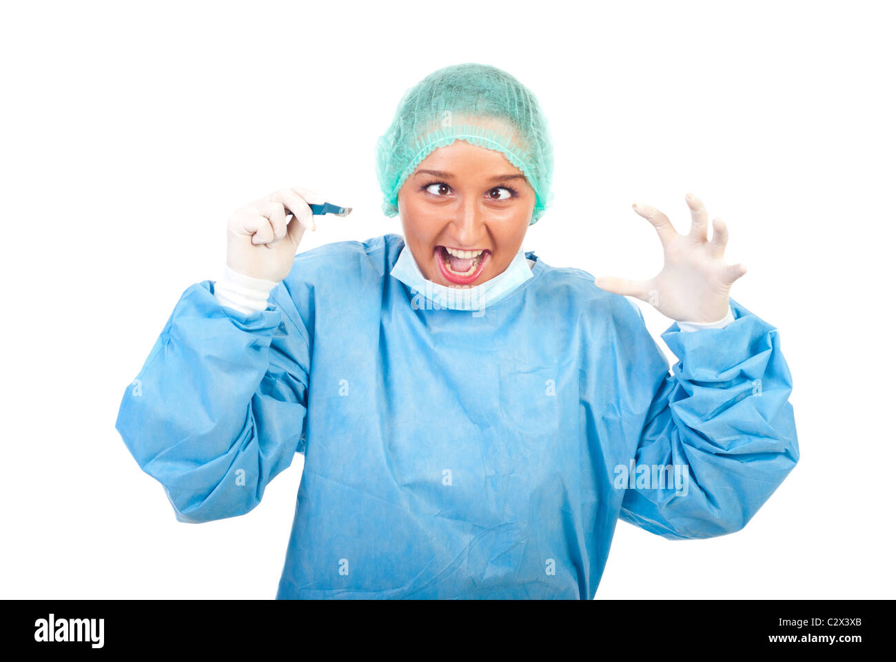 Crazy surgeon woman with funny face holding scalpel isolated on white ...