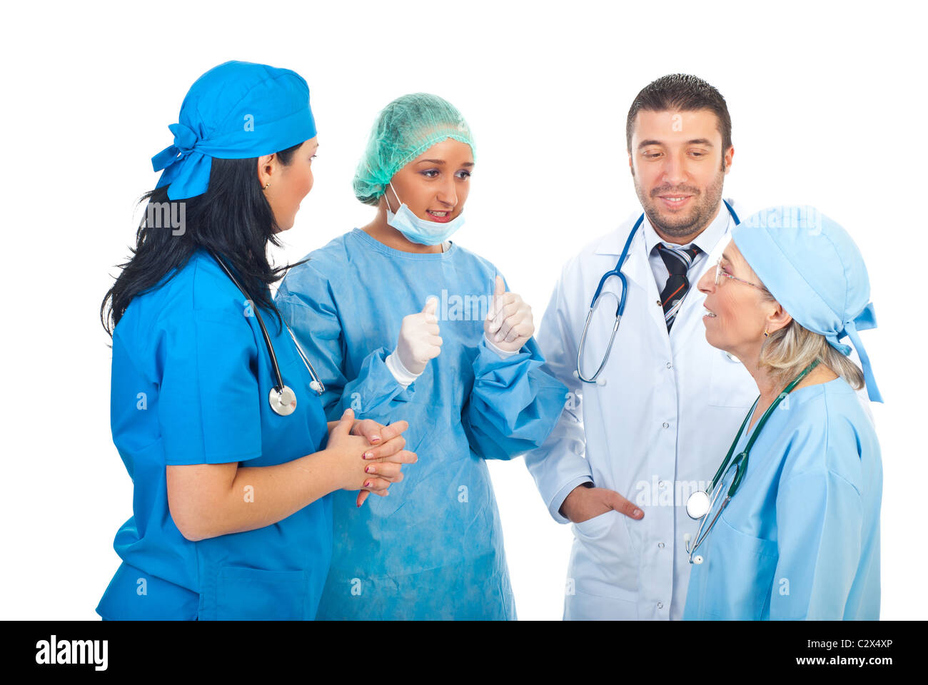 Team of different doctors having conversation isolated on white ...