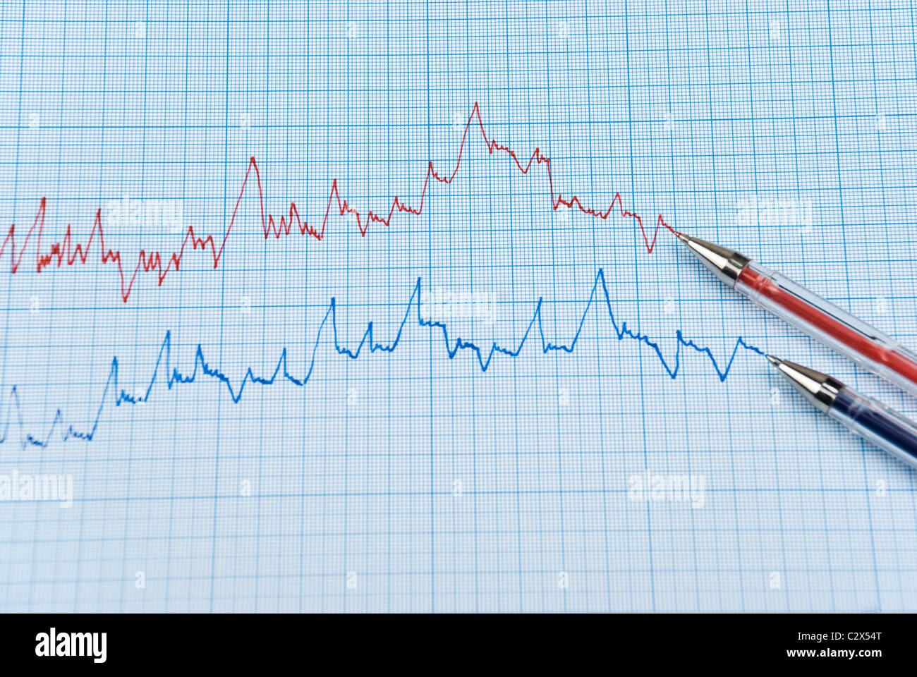 Falling stock chart in two colors ,red and blue with two pens made on ...