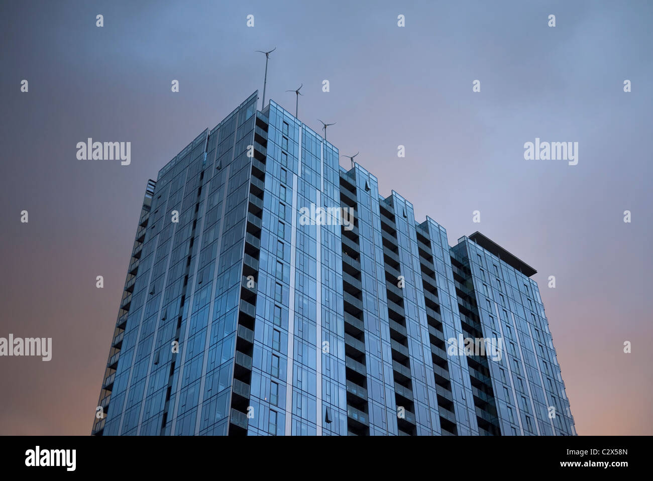 Building with wind turbines on roof, Portland, Oregon Stock Photo - Alamy