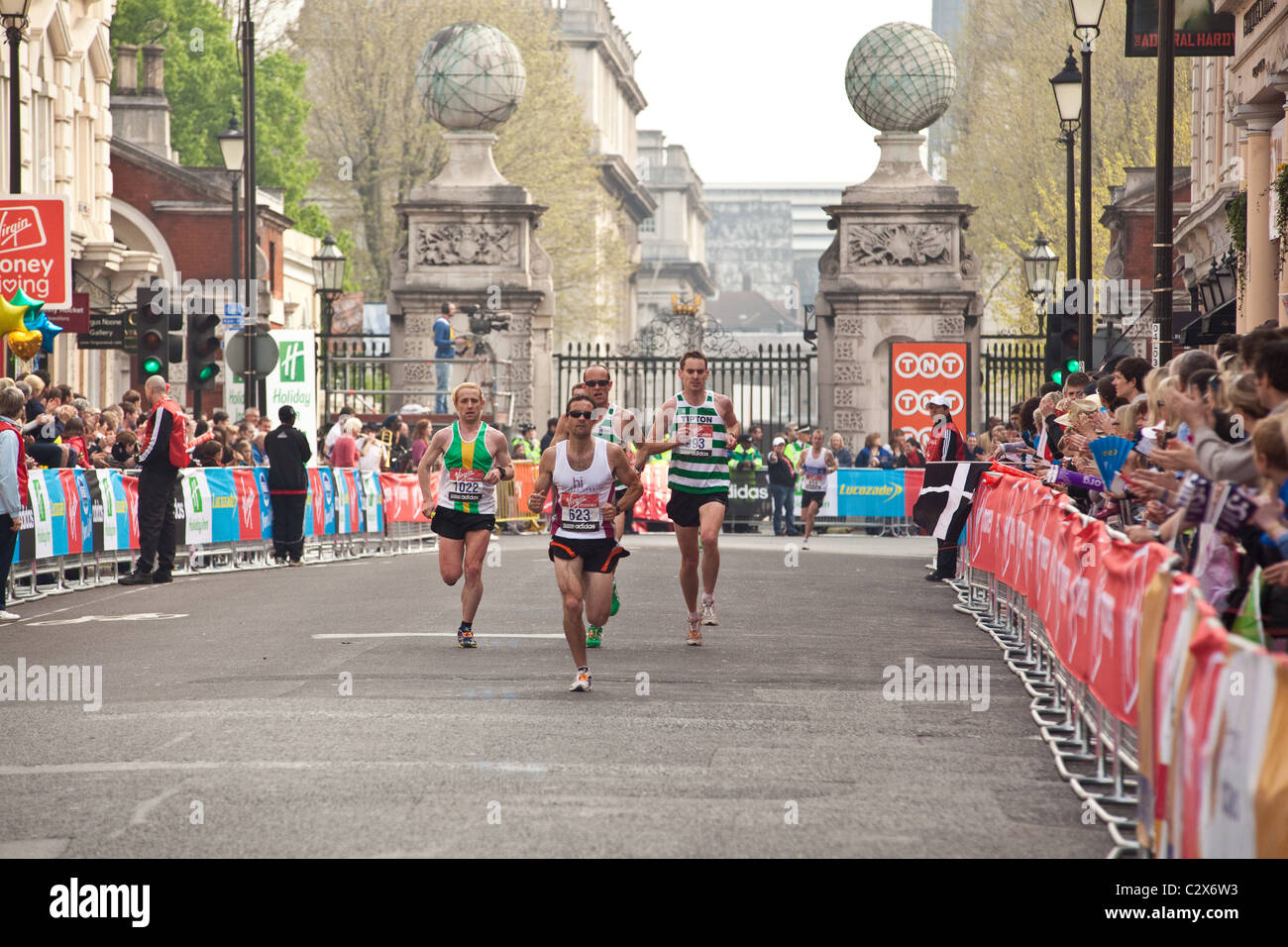 Mens elite runners at the London Marathon 2011,Church Street, Greenwich ...