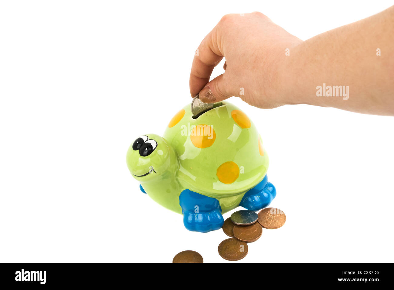 Woman hand save the money in her money box tortoise isolated on white ...