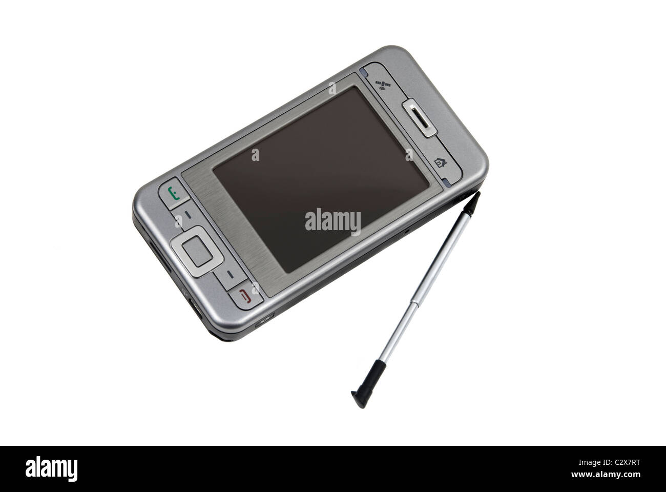 Modern PDA with cell phone included and stylus isolated on white ...