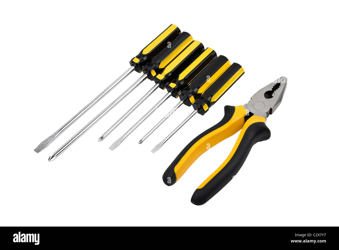 Set of screwdriver different measure and one pliers isolated on white ...