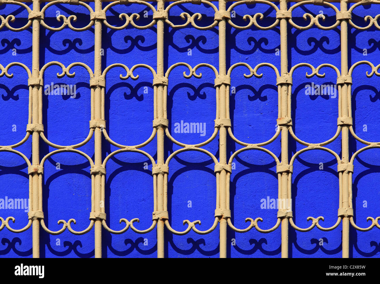 Iron Railings Against Blue Walls, Majorelle Gardens, Marrakech, Morocco ...