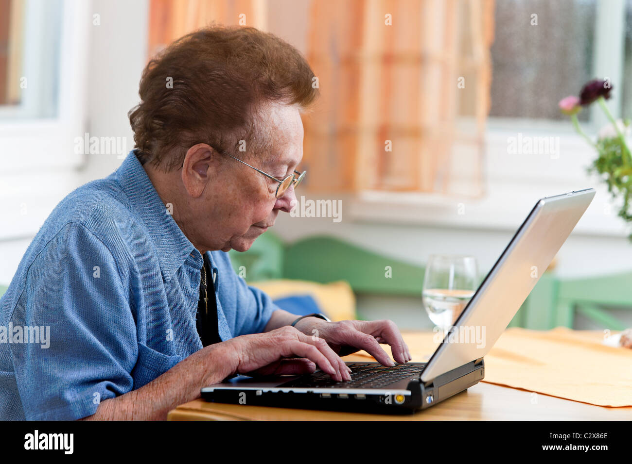 Old woman with laptop Stock Photo - Alamy