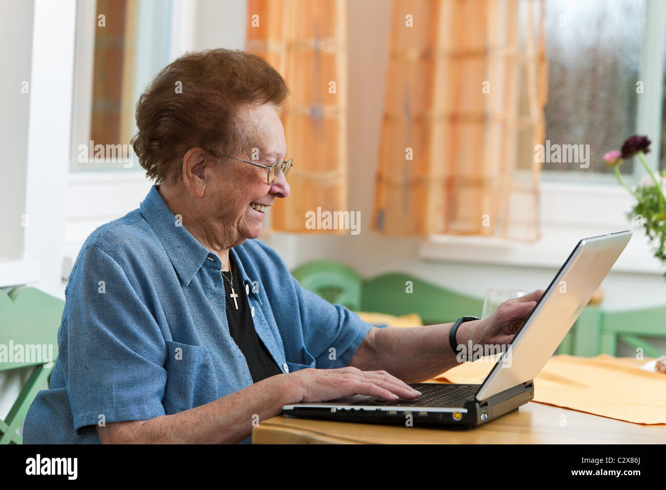Old woman with laptop Stock Photo - Alamy