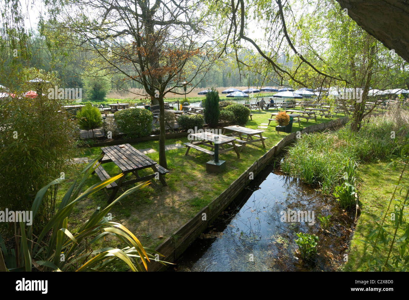View of the beer garden of the Mayfly Pub at Fullerton, River Test ...
