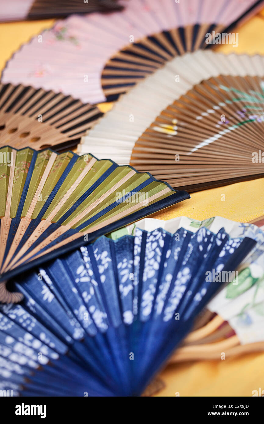 Collection of traditional Chinese fans with a variety of colors and ...