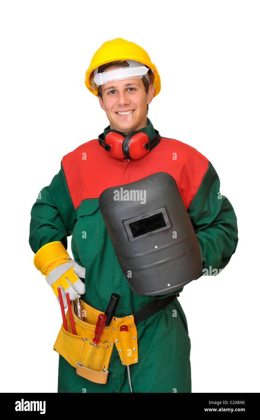 Construction worker isolated in white Stock Photo - Alamy