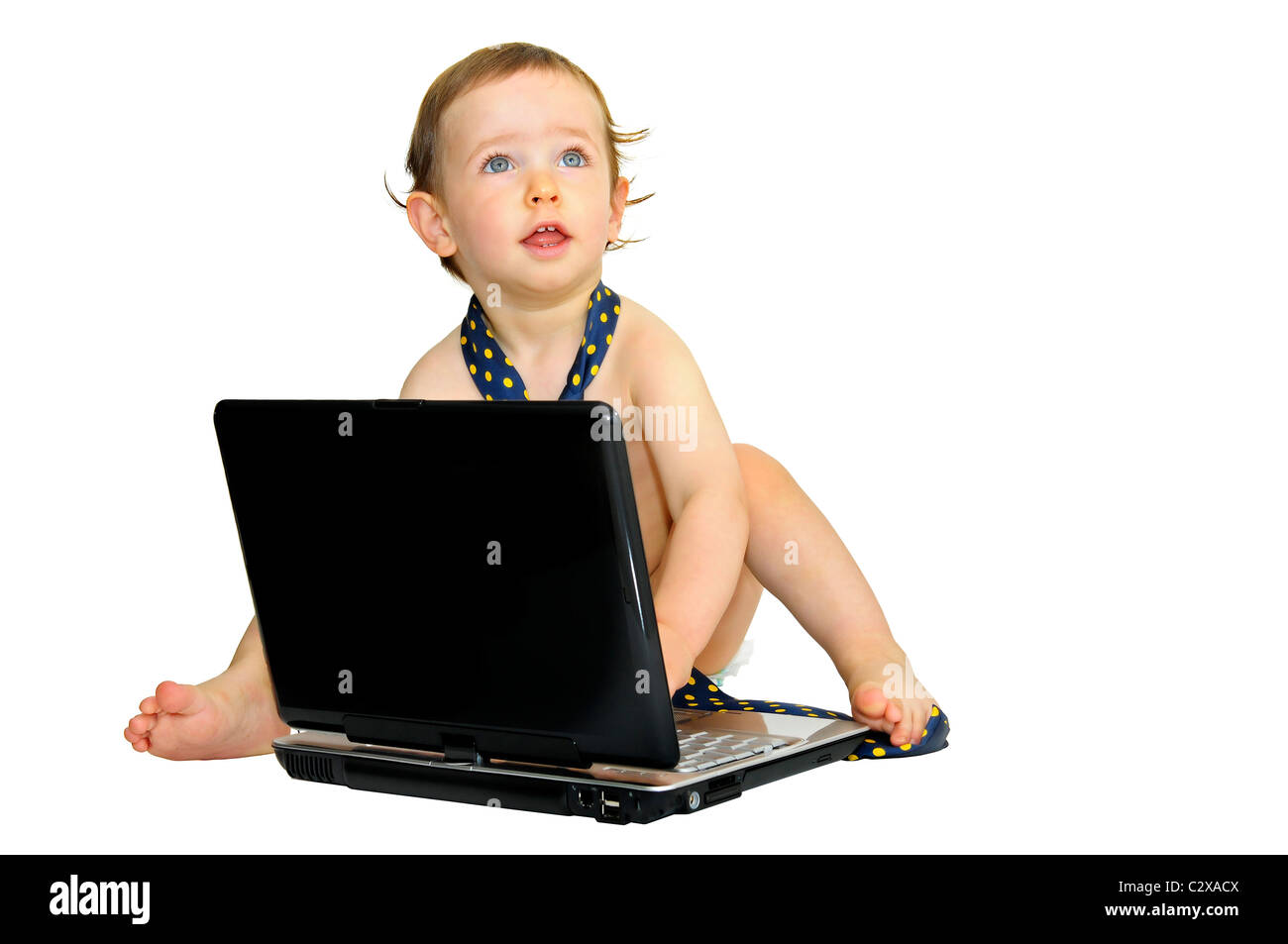 Baby executive with tie and laptop isolated in white Stock Photo - Alamy