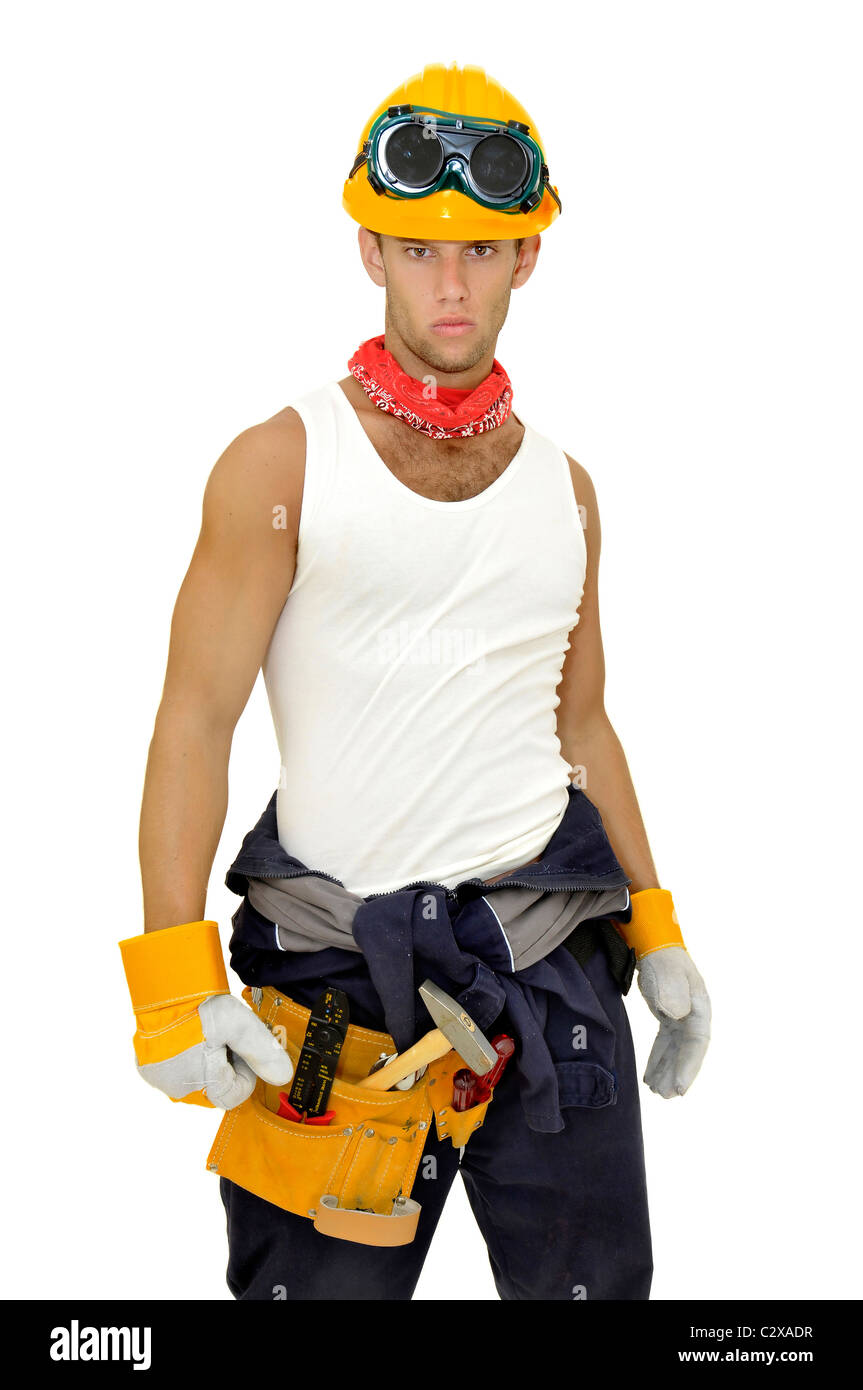 Construction worker isolated in white Stock Photo - Alamy