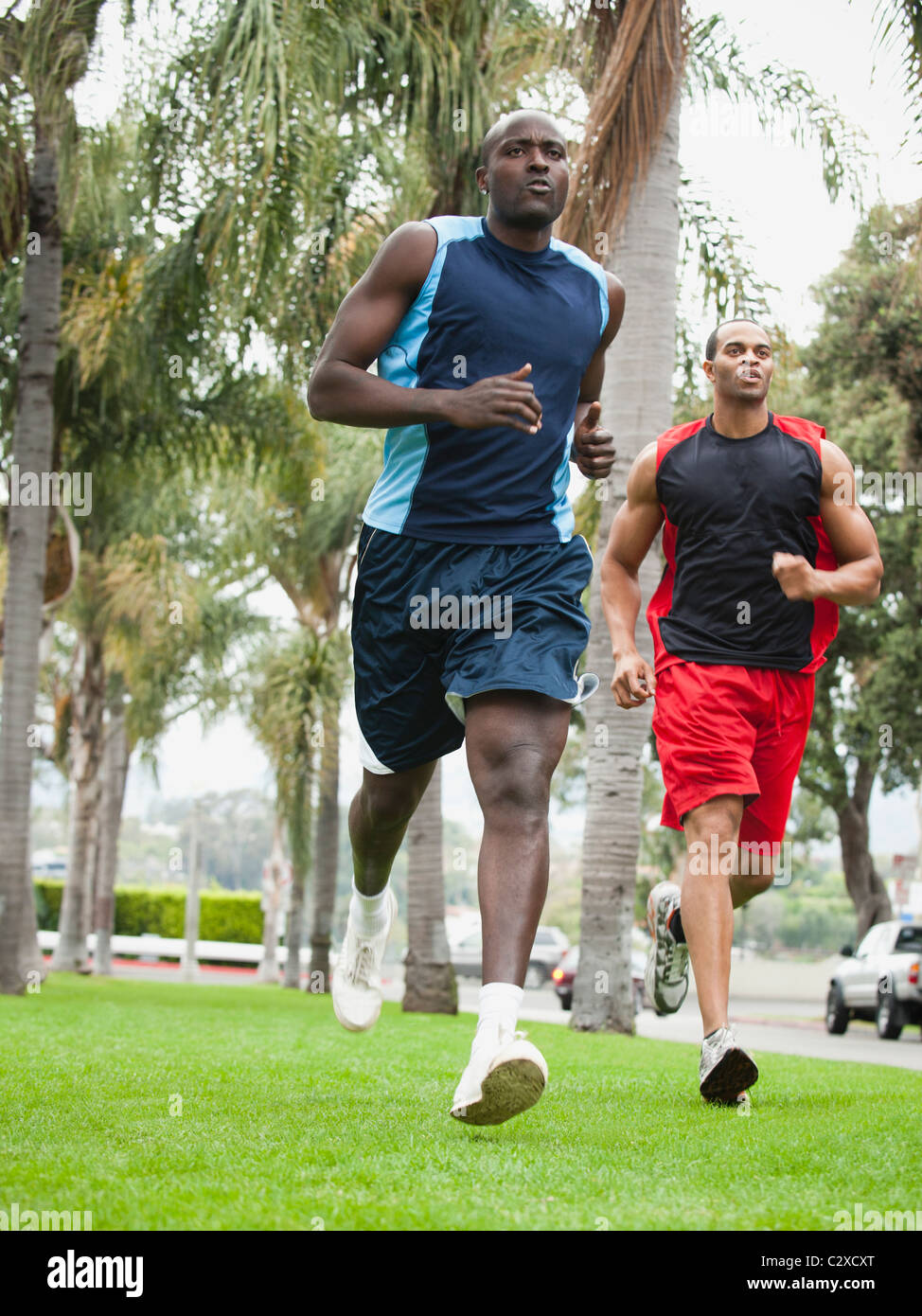 Men running in park together Stock Photo - Alamy