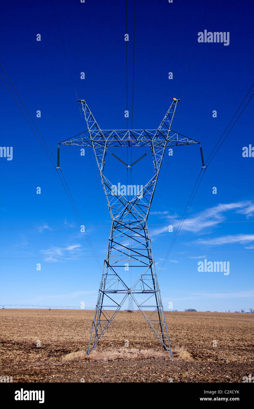 High transmission power lines in rural Nebraska, 2/17/2011 Stock Photo ...