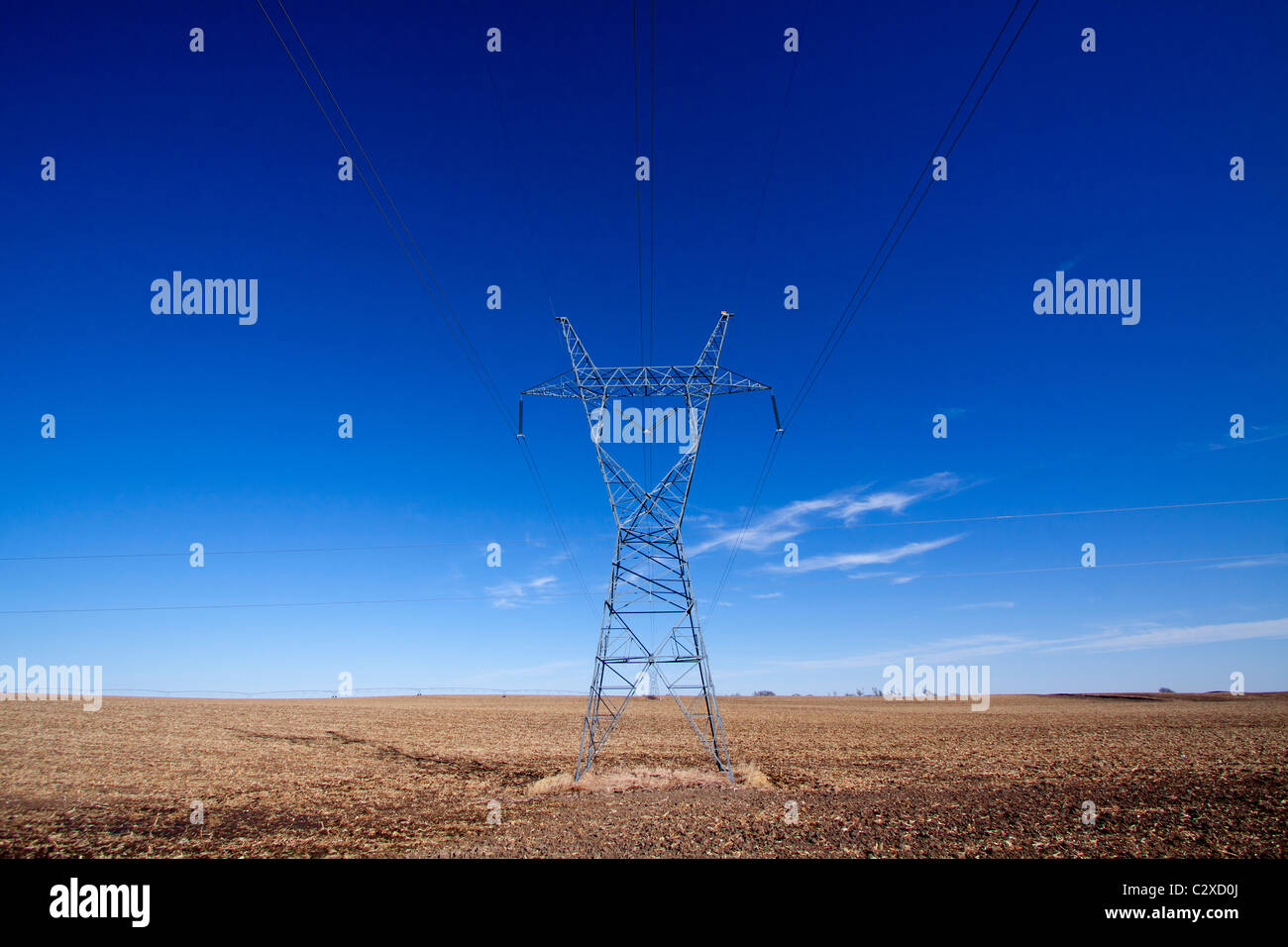 High transmission power lines in rural Nebraska, 2/17/2011 Stock Photo ...