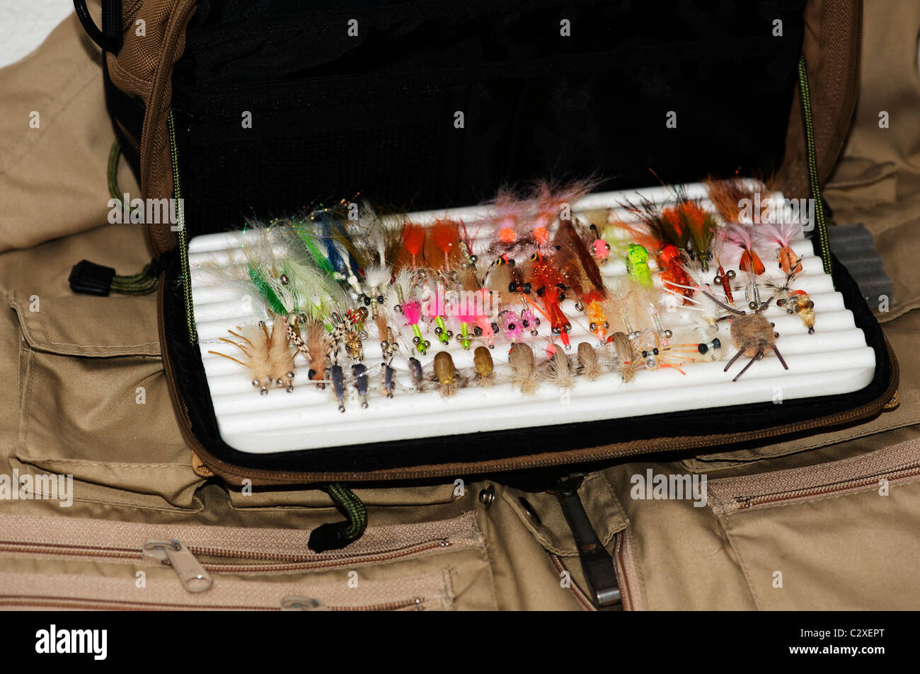 Saltwater fishing flies displayed on a ripple foam board Stock Photo ...