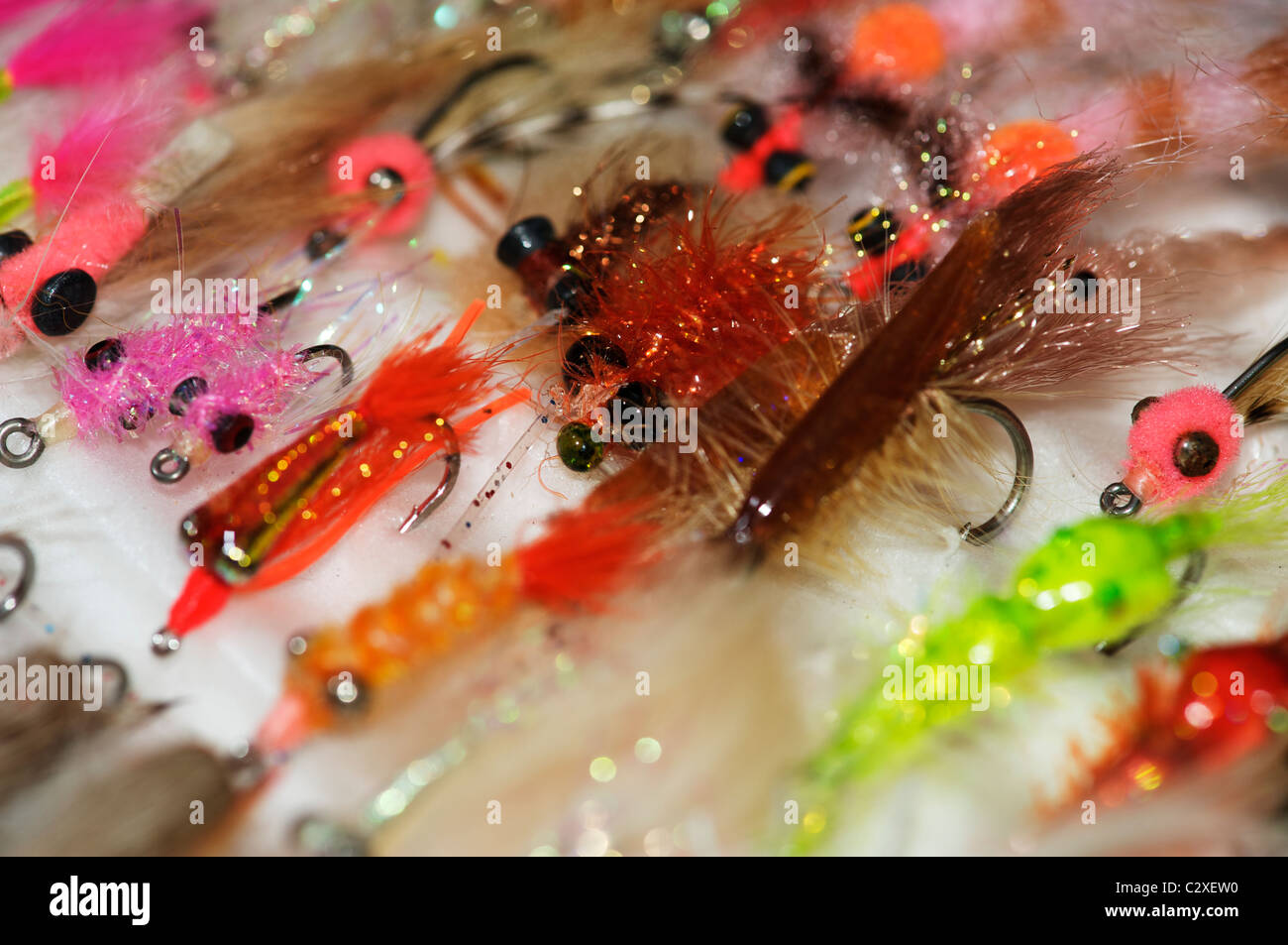 Saltwater fishing flies displayed on a ripple foam board Stock Photo ...