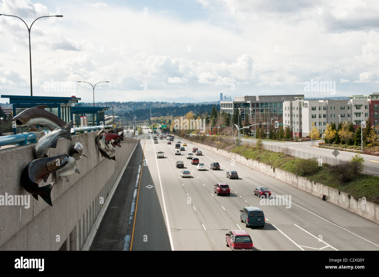 I-90 highway viewed from bus station above with salmon sculpture ...