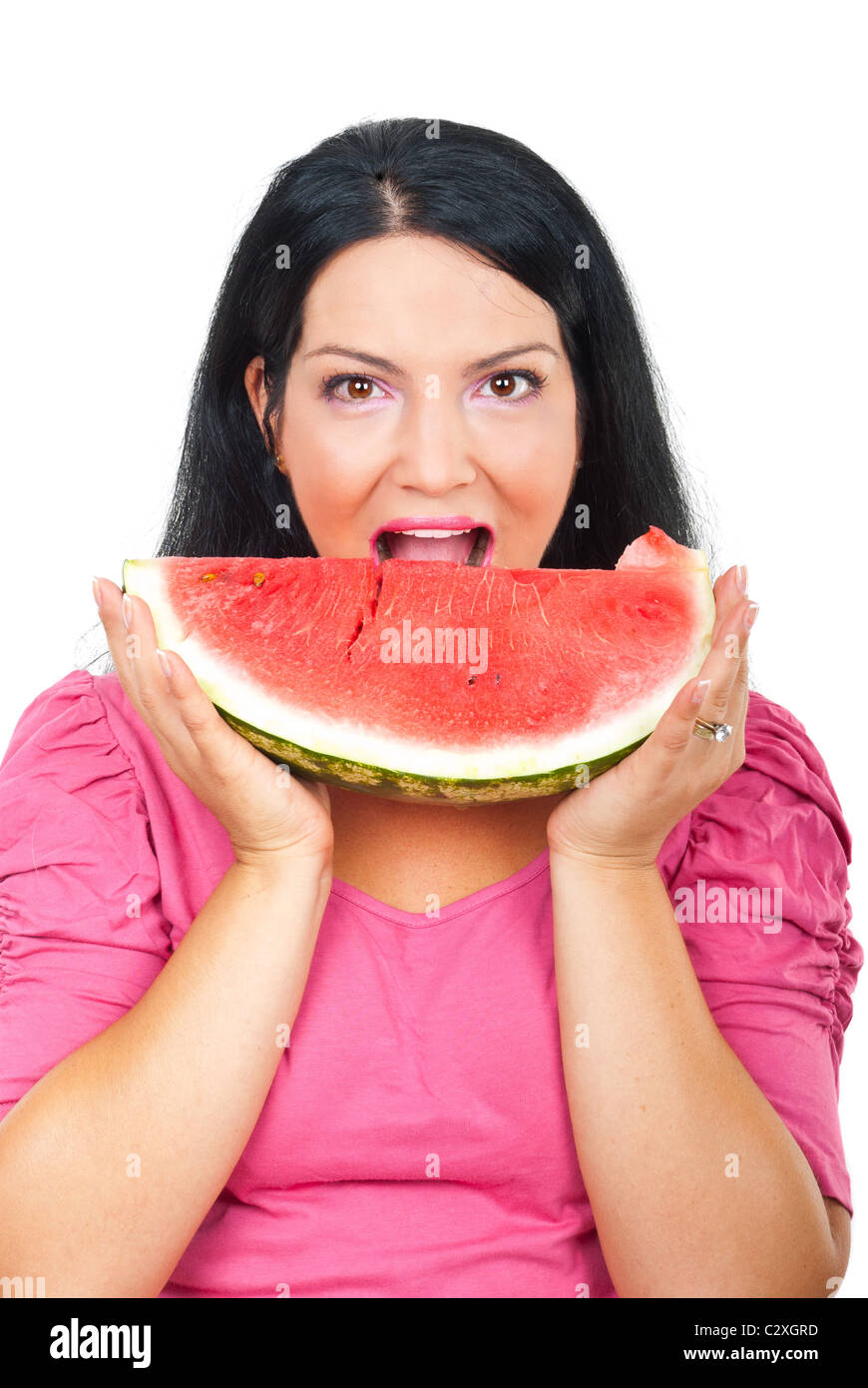 Health woman preparing to bite a slice of watermelon isolated on white ...