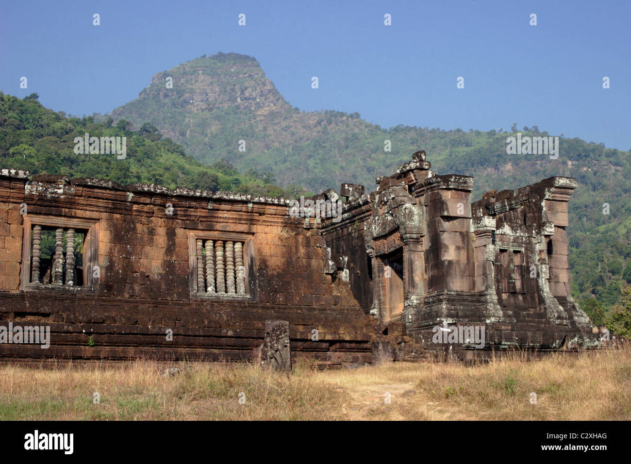 The ancient ruins of Angkor era Buddhist temple Wat Phu stand in the ...