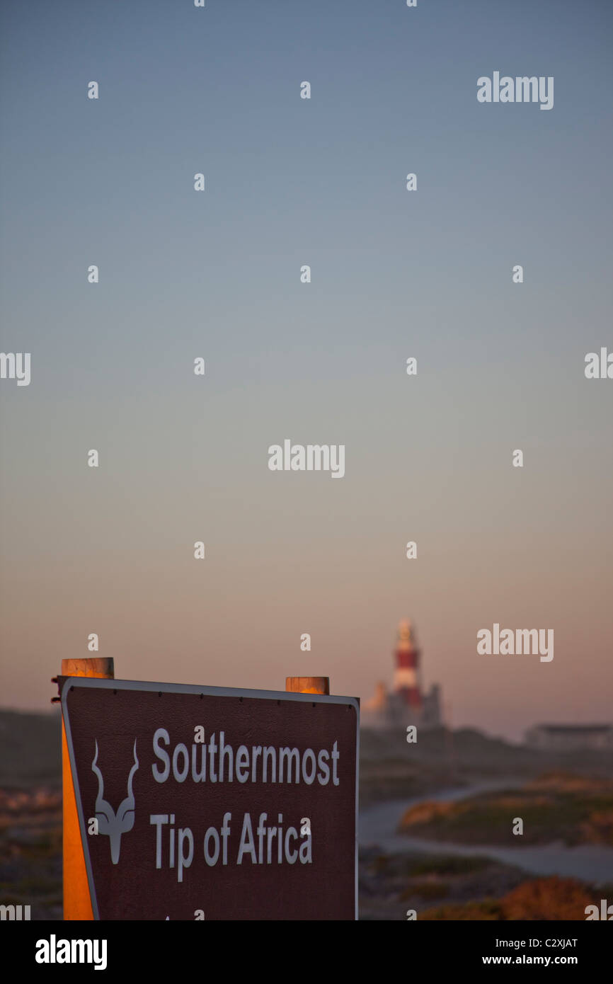 Sign at the most southerly point in Africa at Cape Agulhas, South ...