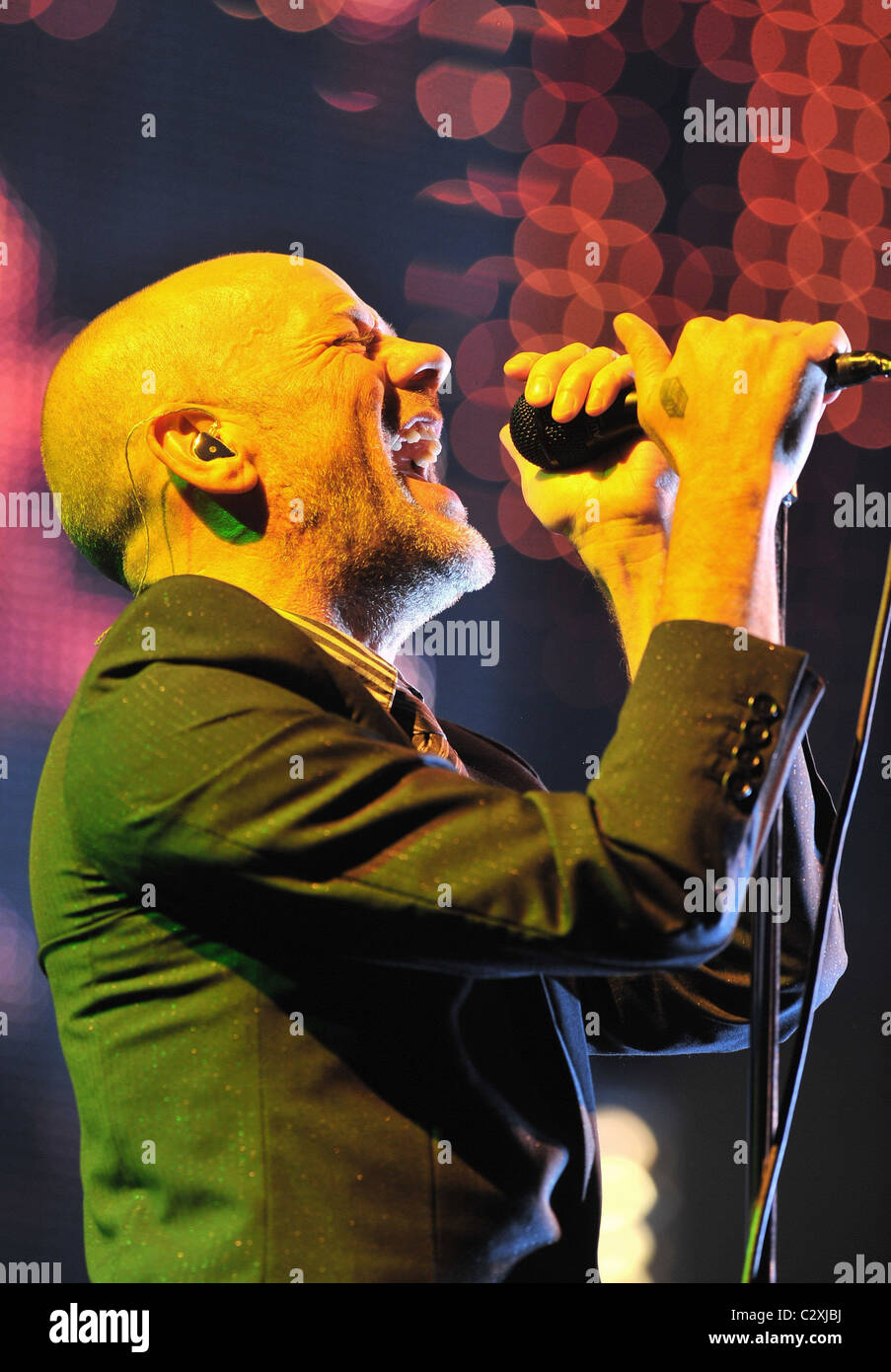 Michael Stipe of R.E.M. performing live at Twickenham Stadium London ...