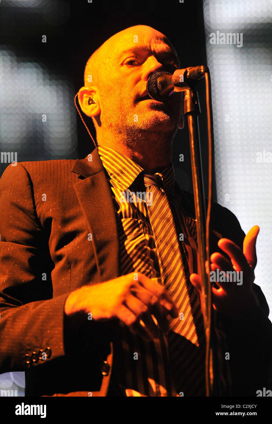 Michael Stipe of R.E.M. performing live at Twickenham Stadium London ...