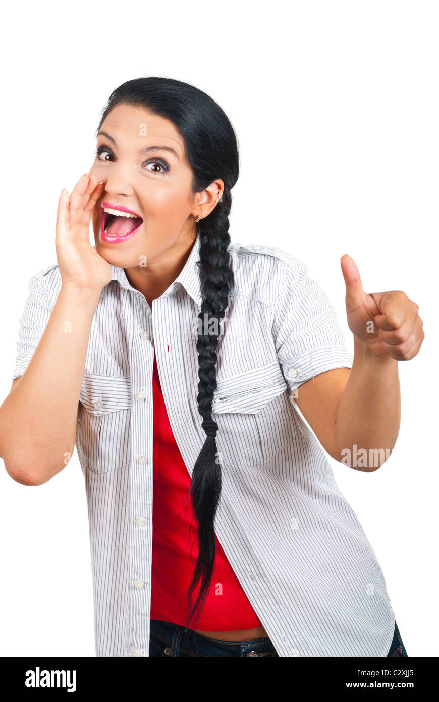 Happy woman shouting and give thumb up isolated on white background ...