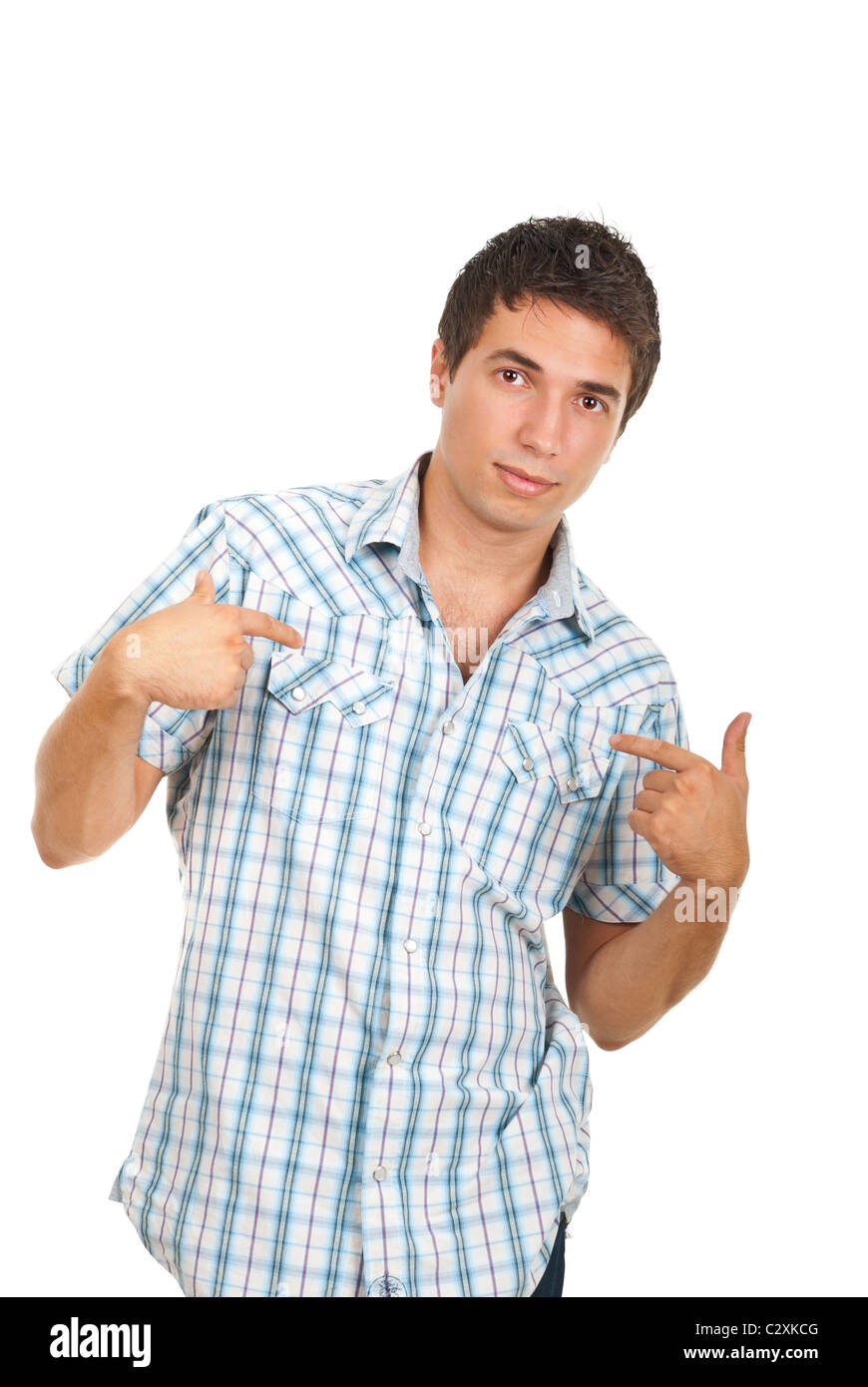 Amazed man with face questioning pointing to him isolated on white ...