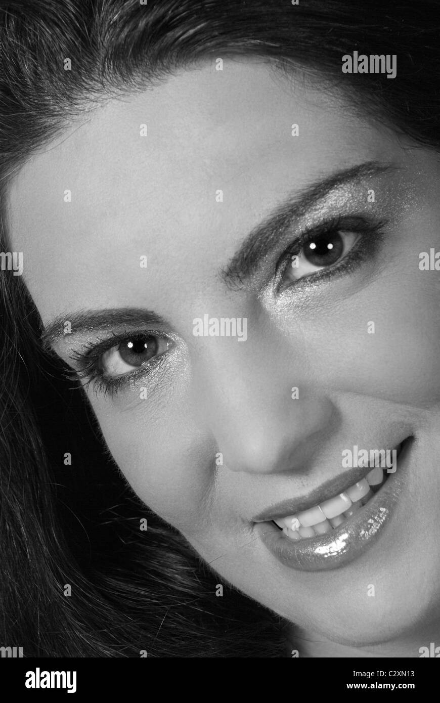 Portrait of beauty woman smile with teeth and luscious lipstick on ...