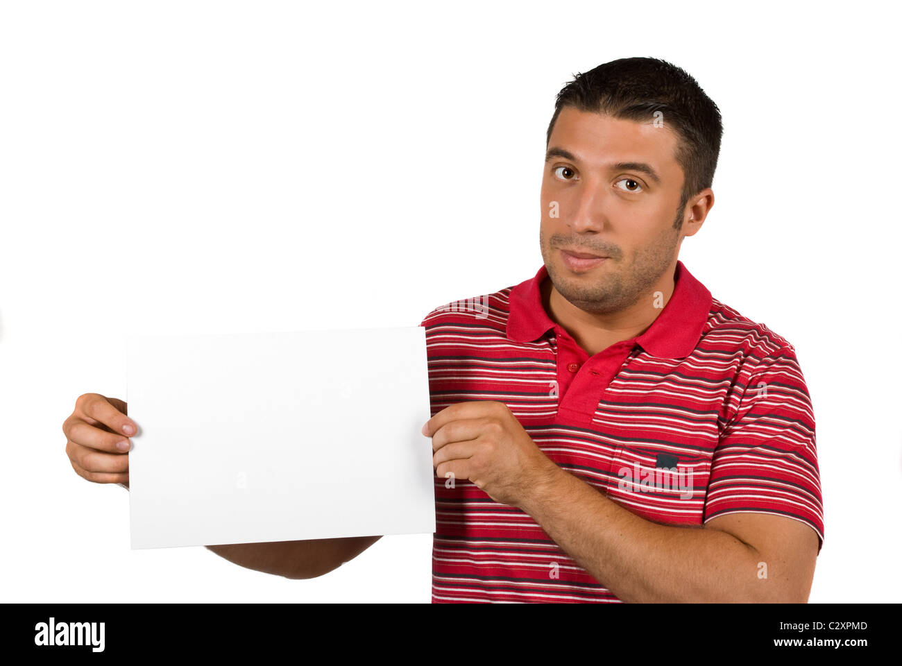 Young man with blank sign isolated on white background Stock Photo - Alamy