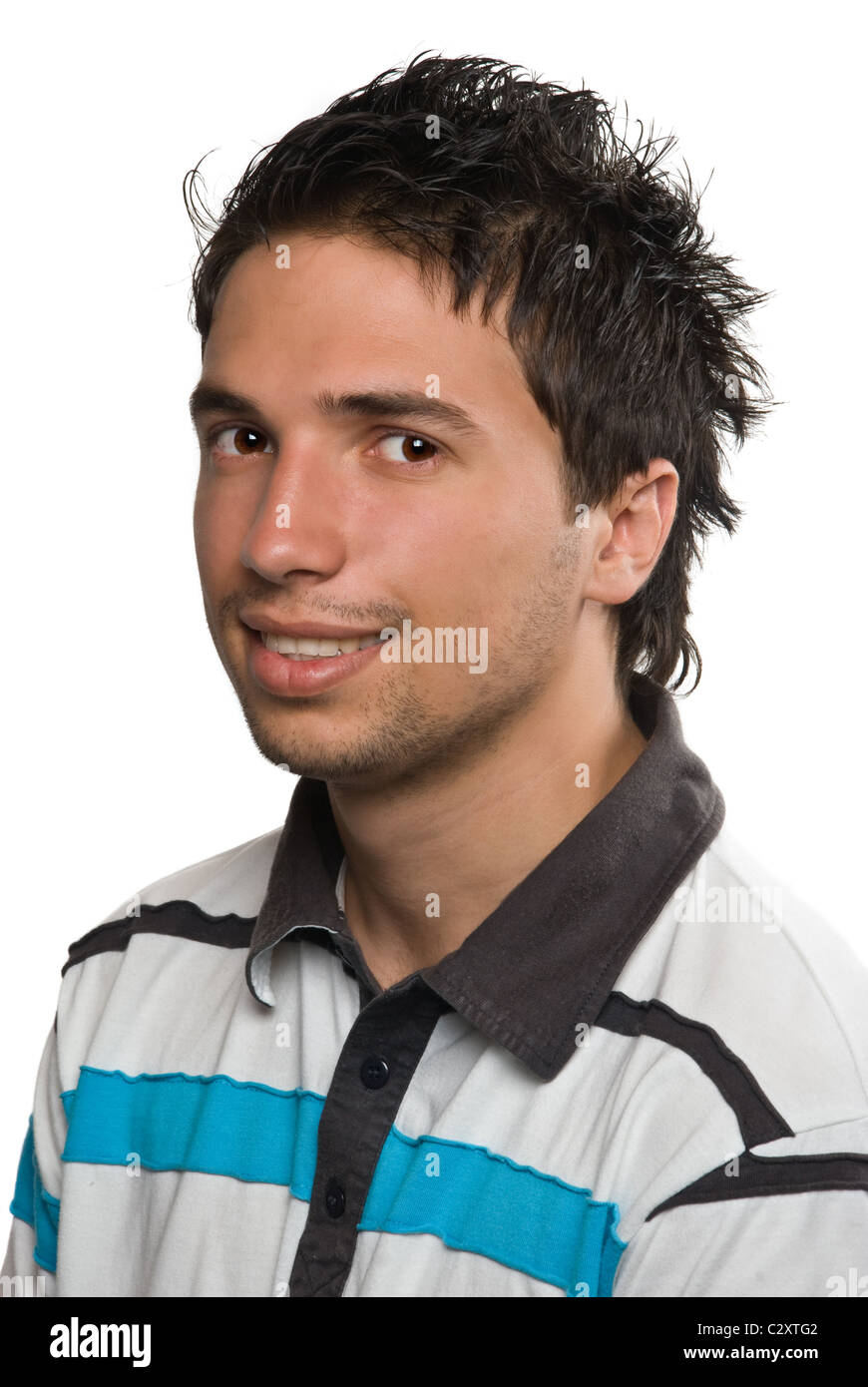 Portrait of hairstyle young man and unshaven isolated on white ...