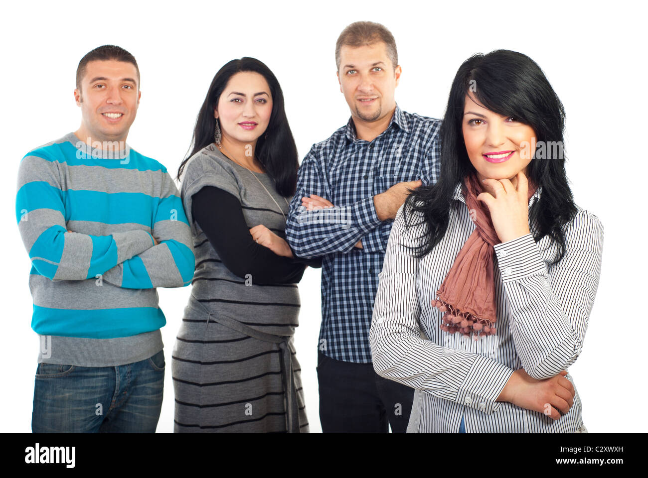 Happy woman with toothy smile posing near her group of friends isolated ...