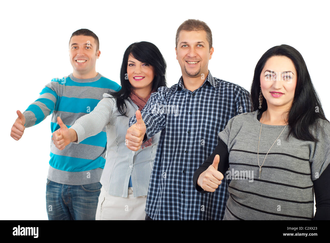 Successful group of three people friends giving thumbs up over white ...
