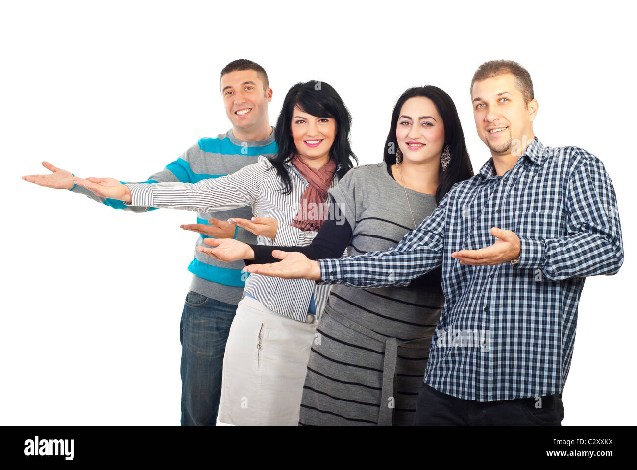 Group of four people making presentation or welcoming and all of them ...