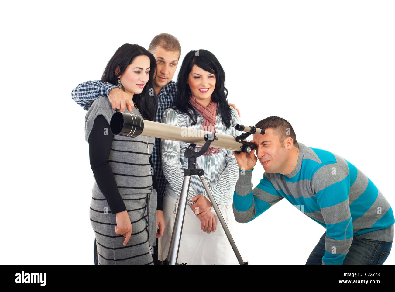 Three friends standing in embrace and waiting their turn to watching ...