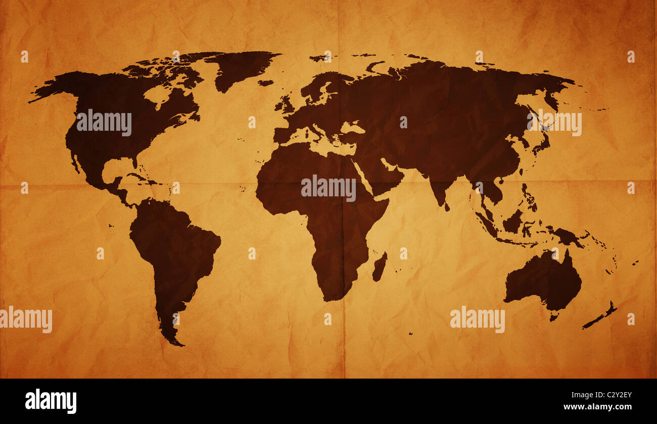 Old World map on creased and folded old paper with stains on. Map hand ...