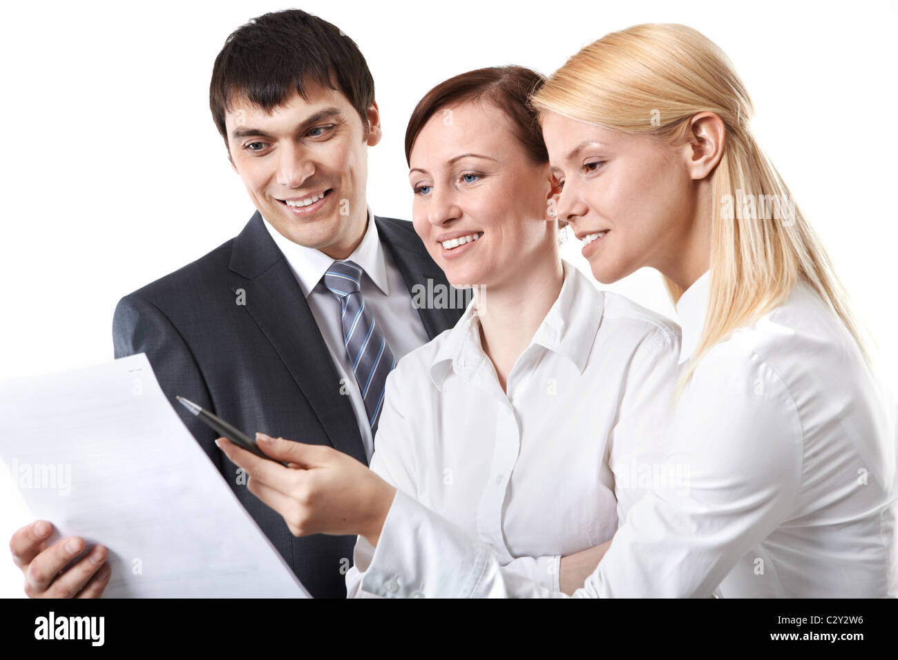 Three business people discussing some documents Stock Photo - Alamy