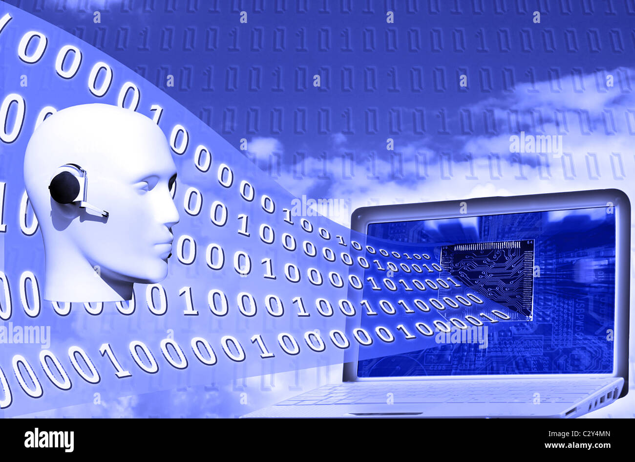 digital world: binary code flowing to laptop Stock Photo - Alamy