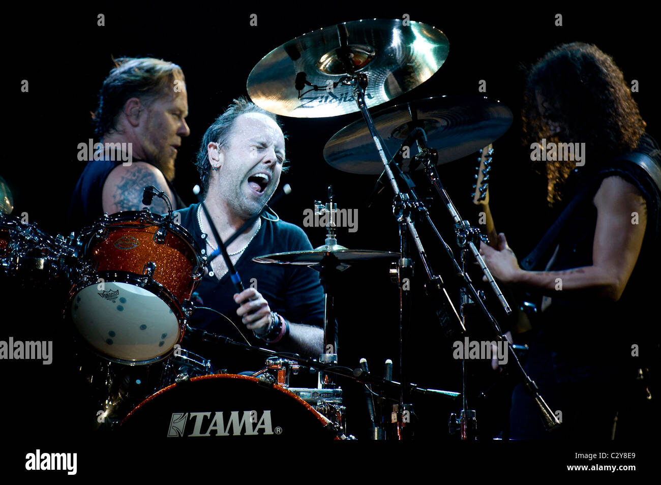 Metallica performing a special album lunch concert at the O2 Arena ...
