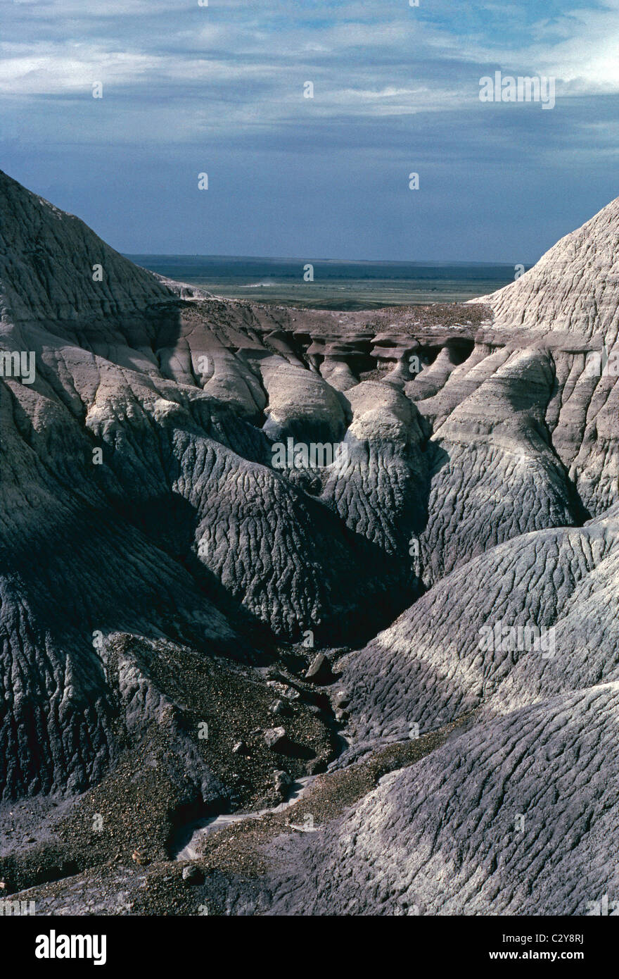 Vertical view across valley from Blue Mesa in the Painted Desert ...