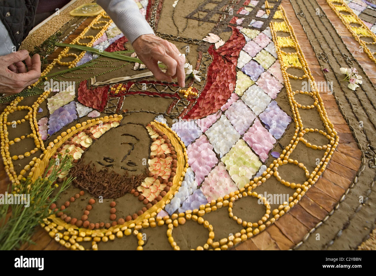 Well Dressing, Eyam Derbyshire, England UK ­ 'petalling' the board for ...