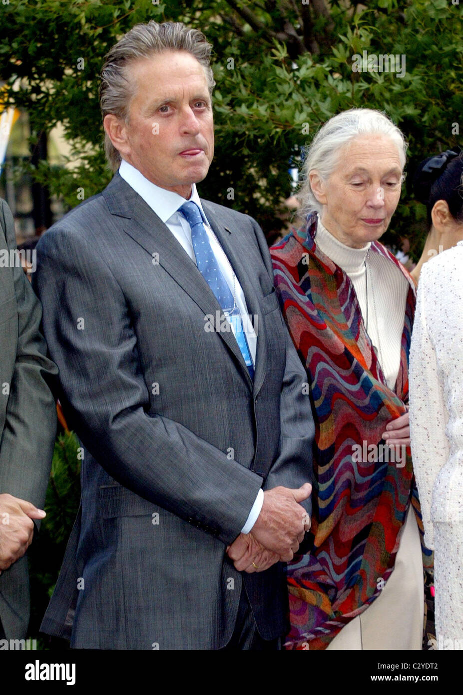 Michael Douglas and Jane Goodall attending the 'Ringing of The Peace ...