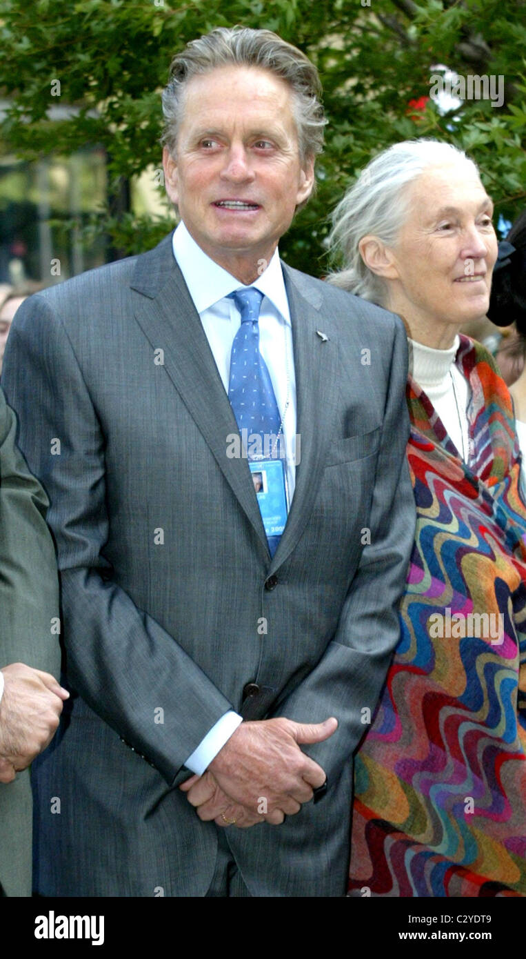 Michael Douglas and Jane Goodall attending the 'Ringing of The Peace ...