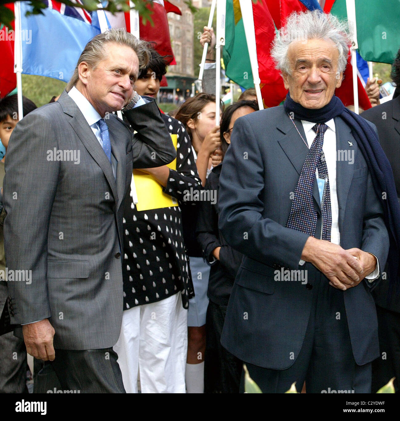 Michael Douglas and Elie Wiesel attending the 'Ringing of The Peace ...